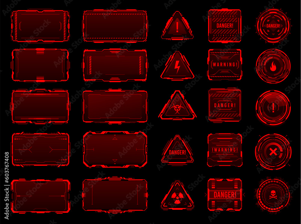 Vetor de HUD red danger and warning interface frames. Sci-Fi user ... Vetor de HUD red danger and warning interface frames. Sci-Fi user ...