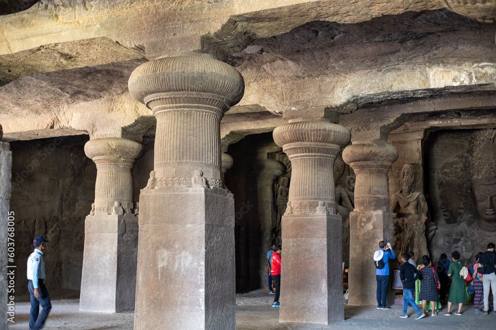 The Cave of Shiva at the Elephanta Caves on Gharapuri island, outside ...