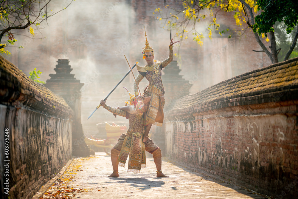 Khon or traditional Thai classic masked from the Ramakien action of ...