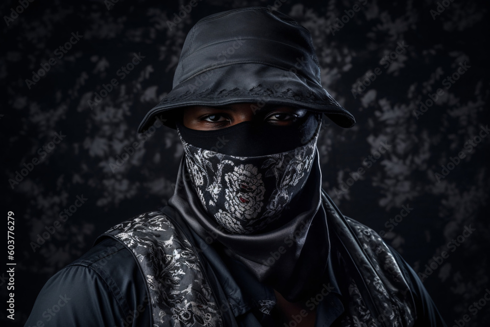 Masked criminal, portrait of a masked person with a gun, wearing a ...