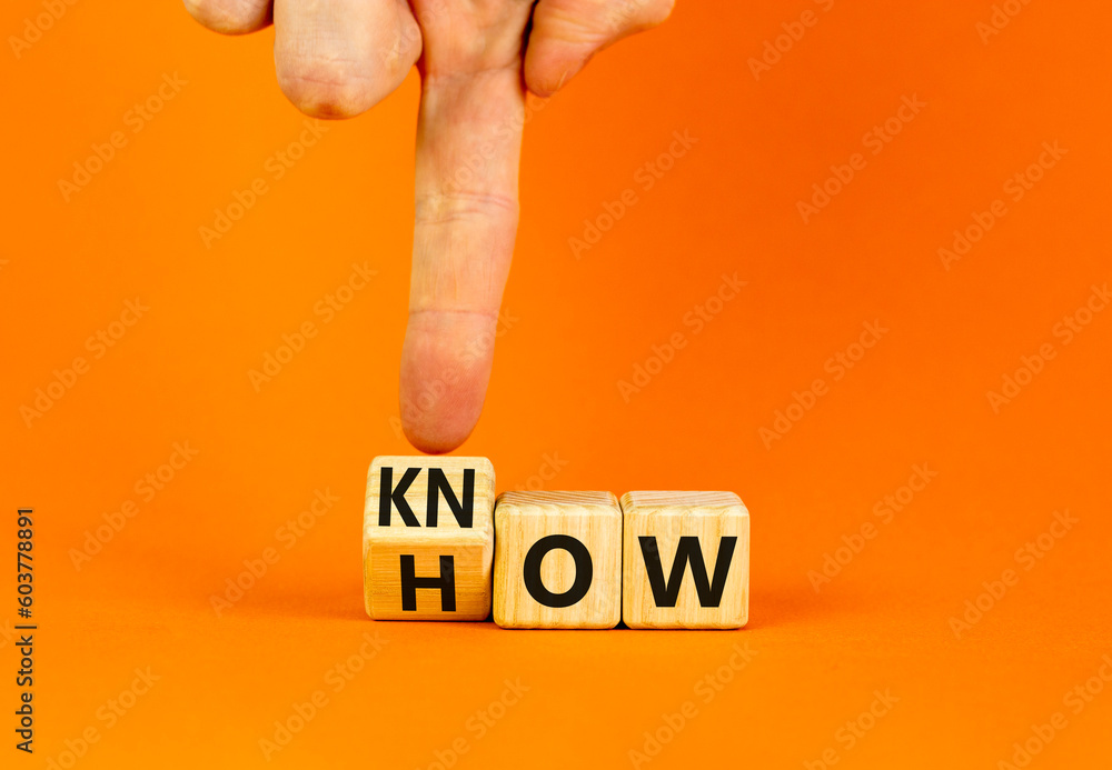 Know how symbol. Businessman turns wooden cubes and changes the word ...