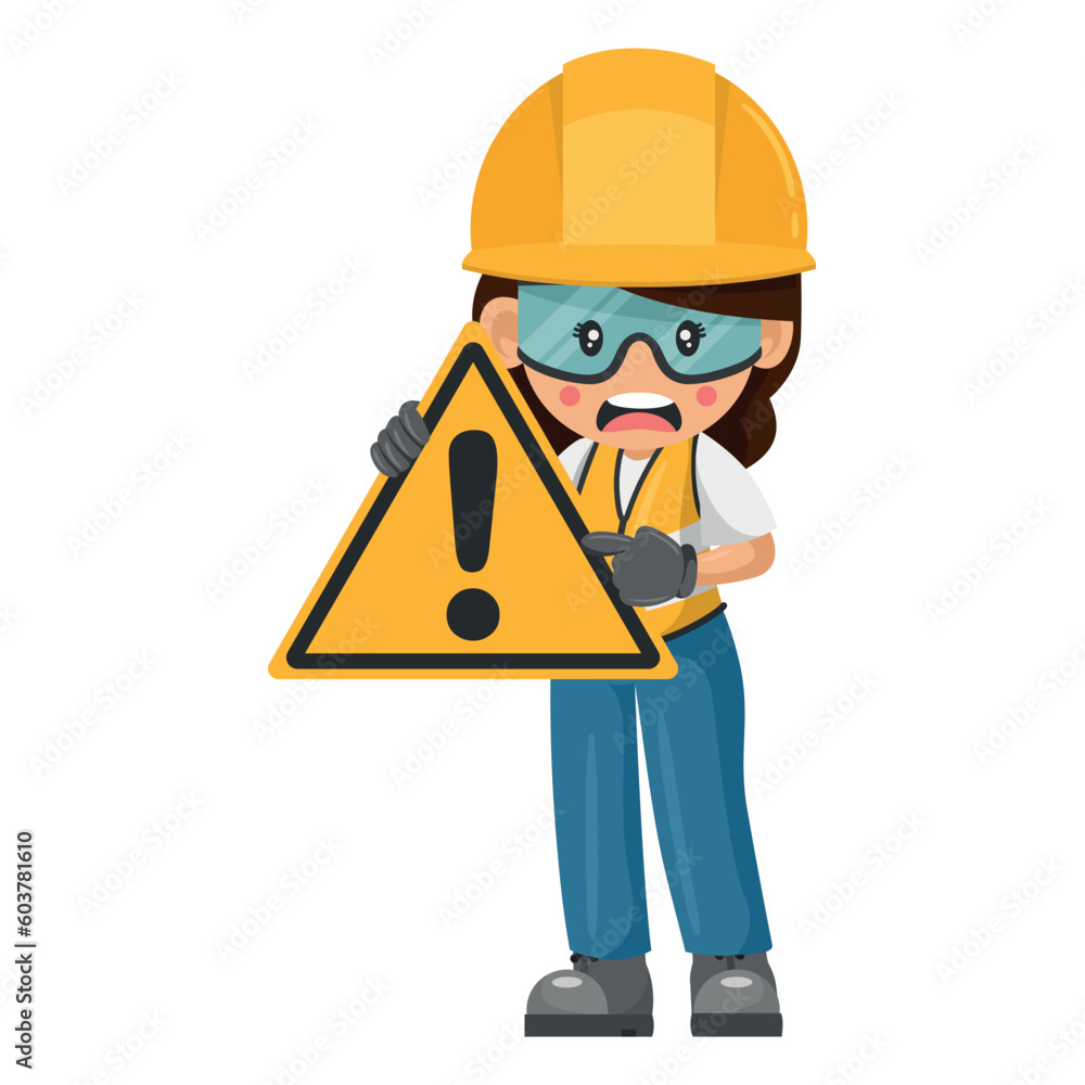 Industrial Woman Worker With Danger Sign Warning Caution Pictogram And