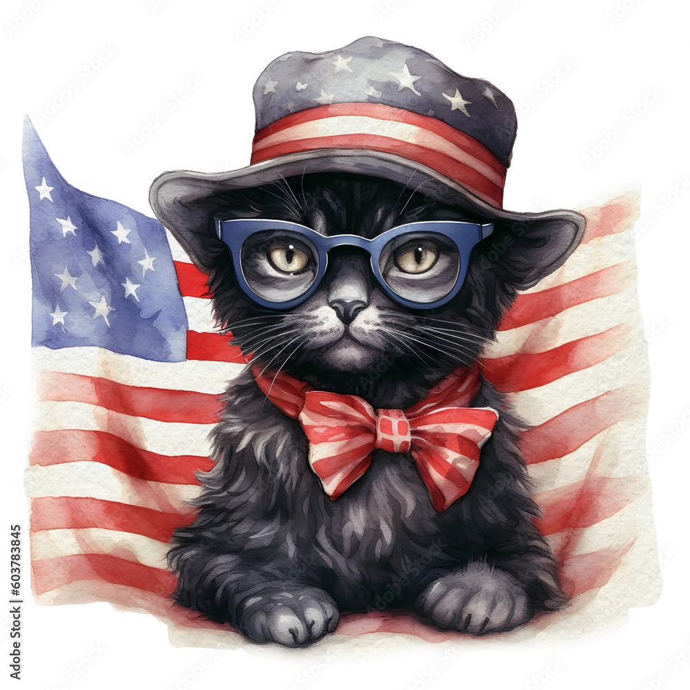 Watercolor 4th of July Patriotic Black Cat Illustration Generative ...