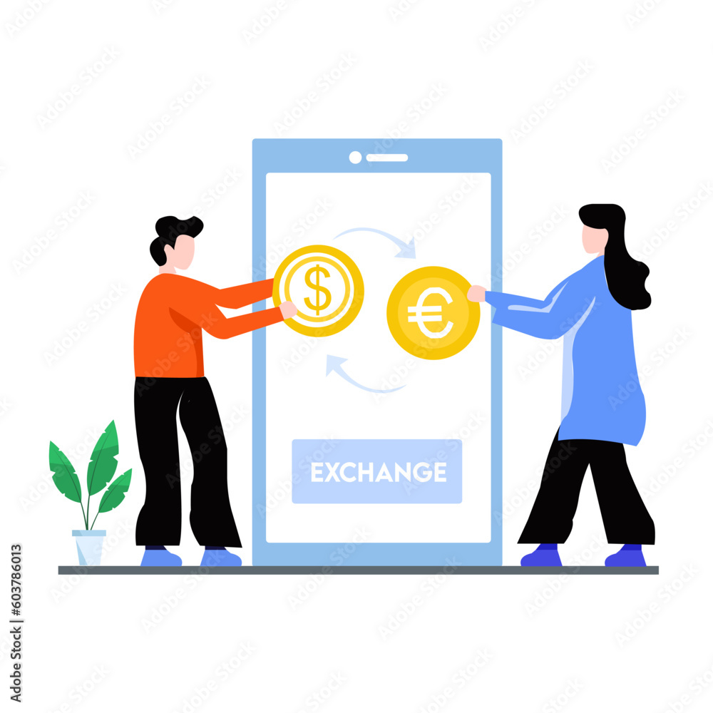 Currency exchange concept. Man and girl exchange dollars for euros ...