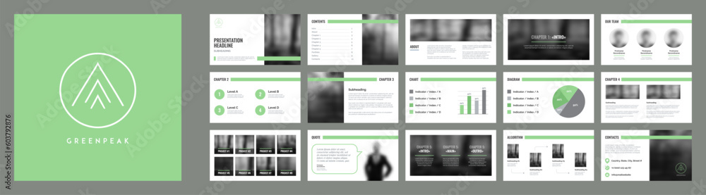 Green presentation slide template with minimal ecological logo and ...