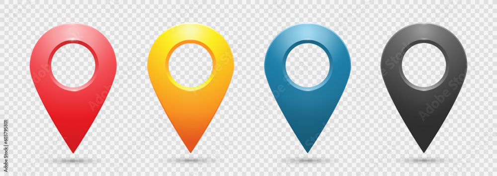 Realistic colored geolocation icons on a transparent background. A set ...