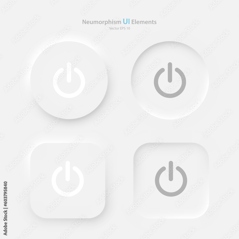 A set of round and square power buttons on a white background. User interface elements in the ...