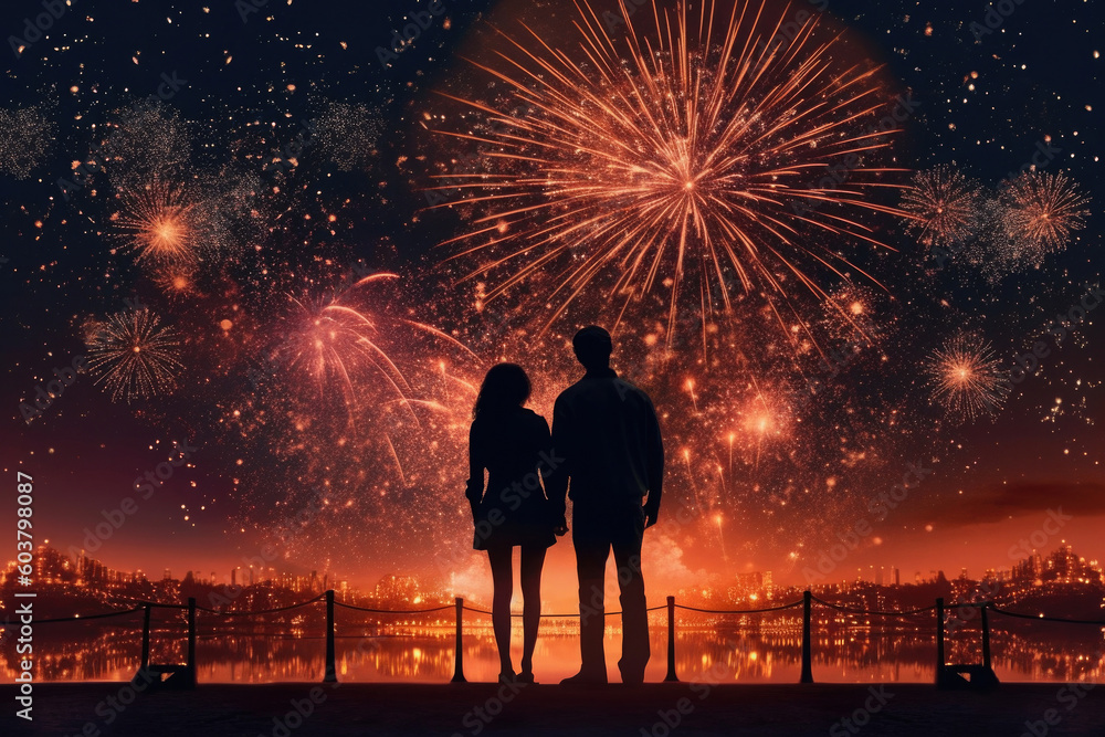 Silhouettes of people looking at colorful fireworks in the night sky ...
