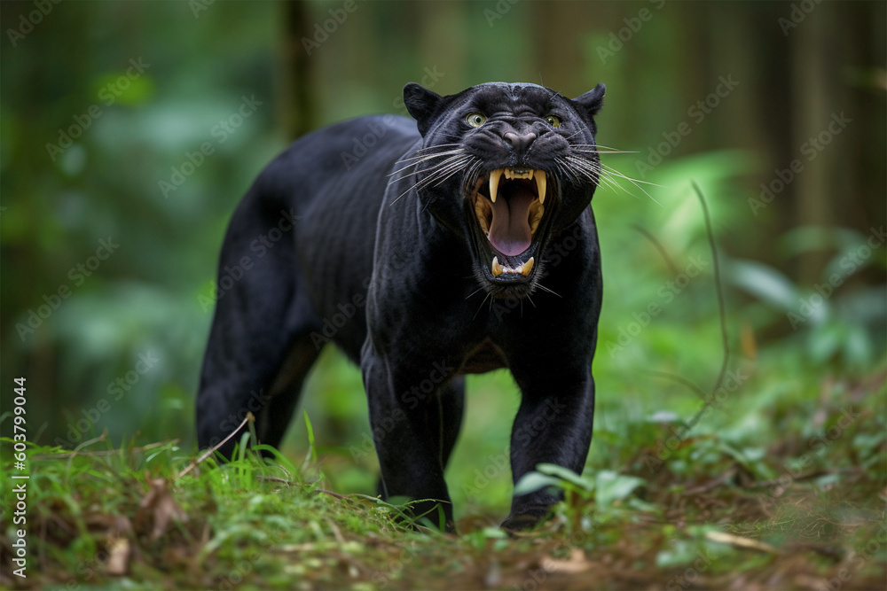 Angry black panther roaring in the forest.Front view.Created with generative ai Stock ...