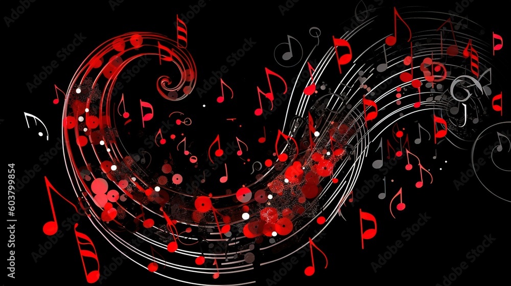a black background with red and white musical notes and a spiral of ...
