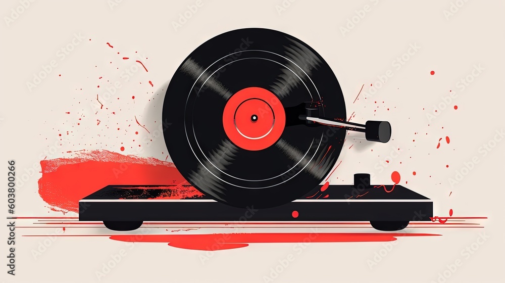 a record player with a red disk on it's turntable and a splattered red ...