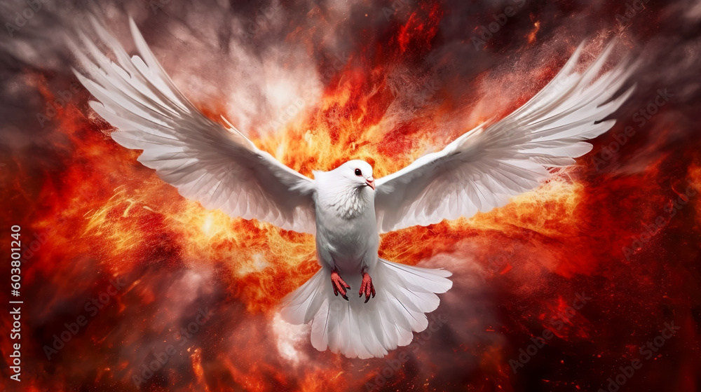Pentecost Sunday. Flying white dove in fire background. Symbol of the ...