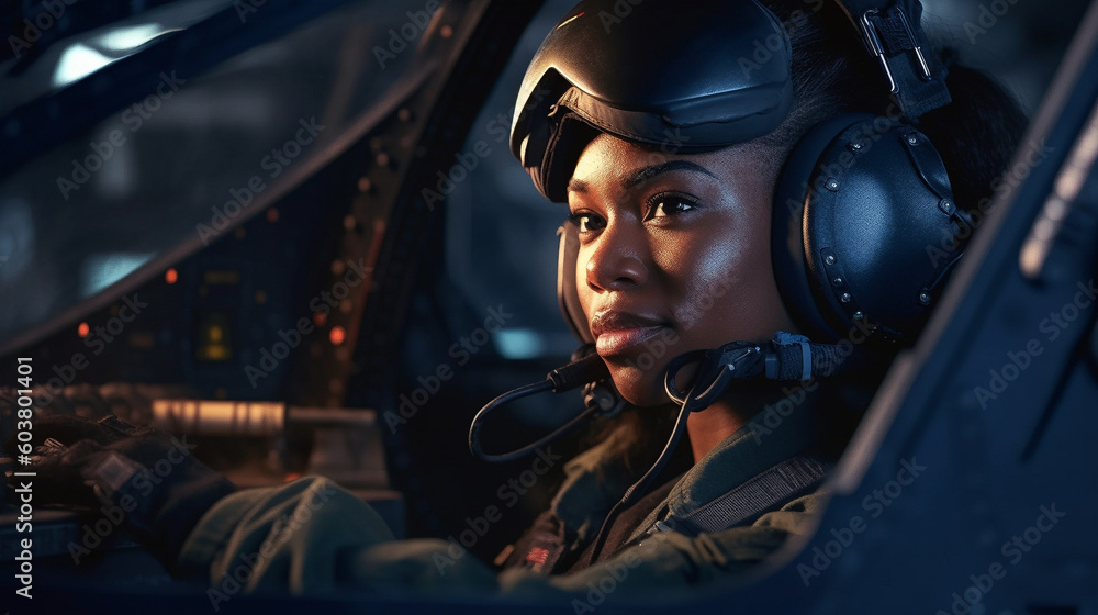 Proud African American Female Air Force Fighter Pilot In The Cockpit of ...