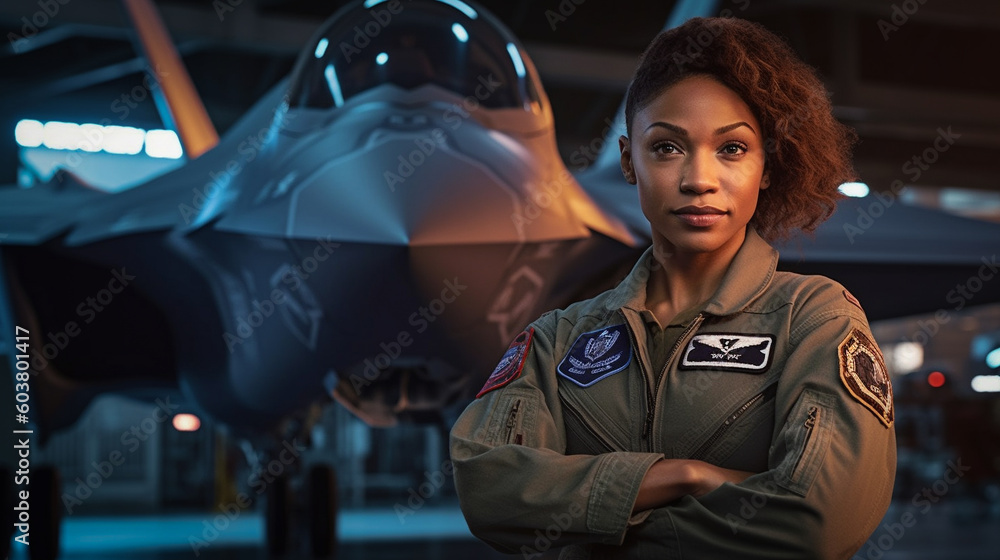 Proud African American Female Air Force Fighter Pilot Standing In Front ...