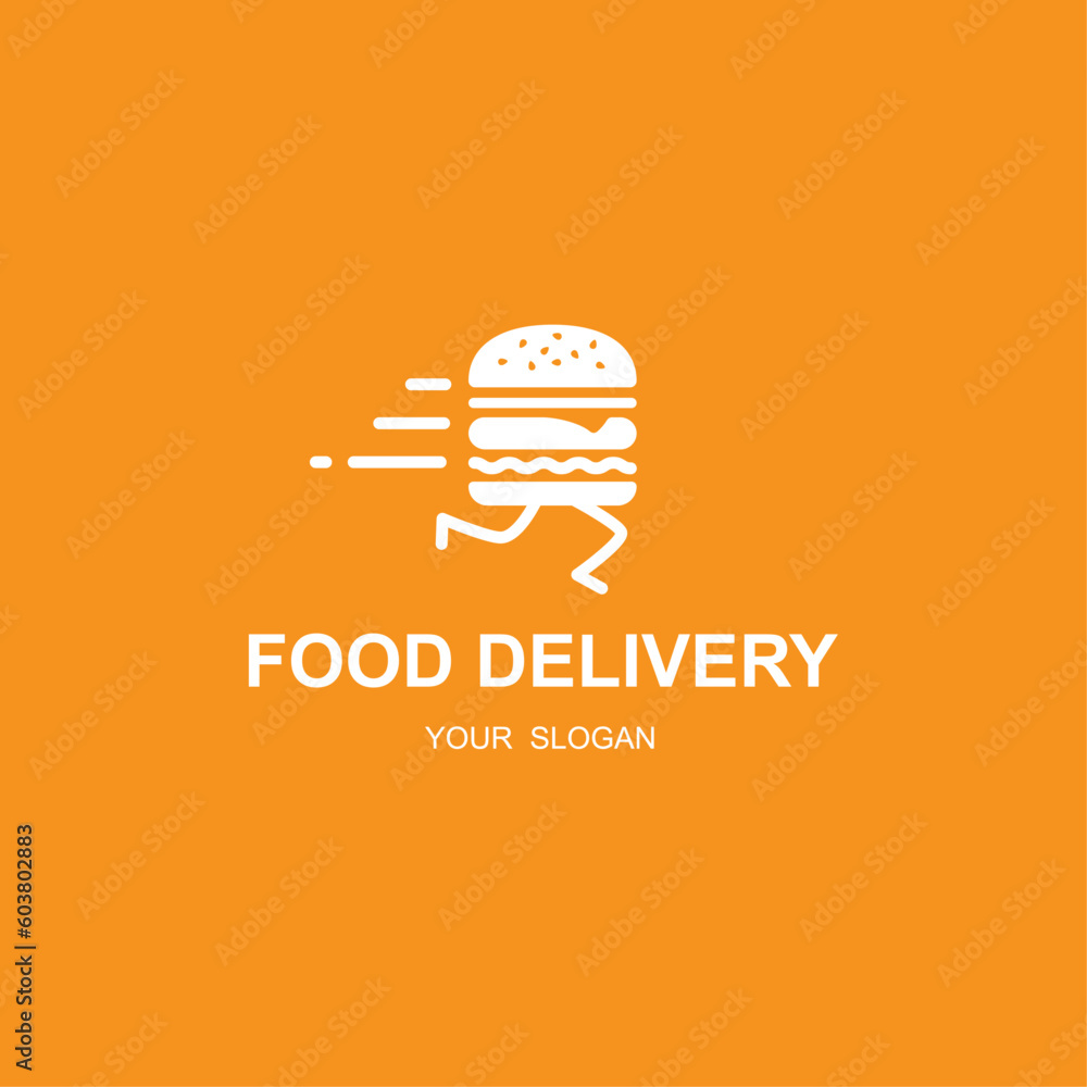 Fast food delivery logo with a running hamburger. Vector illustration ...