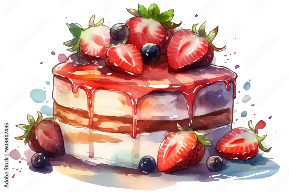 Watercolor Strawberry Cake Stock Illustration | Adobe Stock
