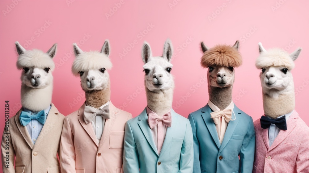 Generative AI, Group of positive different colors of alpacas or lamas ...