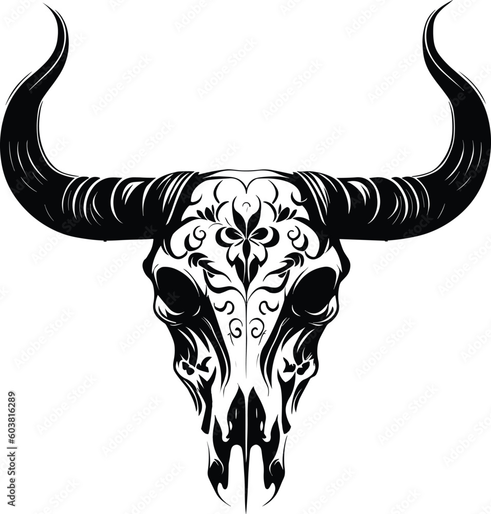 Bull, buffalo, ox, bison skull tattoo design tribal vector art, black ...
