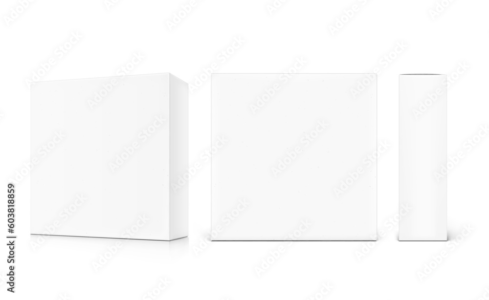 Rectangle cardboard box mockup set. Front, side and half side views ...