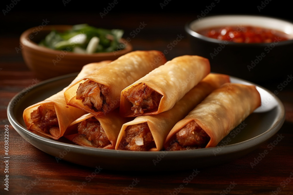 A plate of lumpia and dipping sauce, Filipino food. Generative AI Stock ...