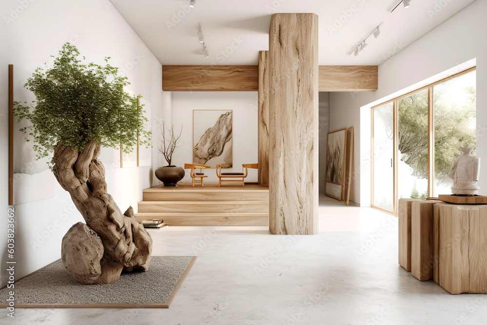Tree trunk columns in rustic interior design of modern entrance hall ...