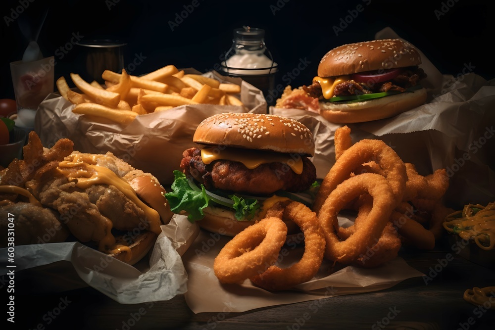 Unhealthy temptations depicted as fast food takeout with fried onion ...