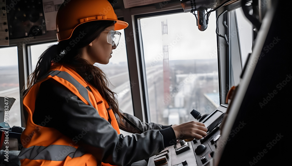 View from the cab of a construction tower crane, a female crane ...