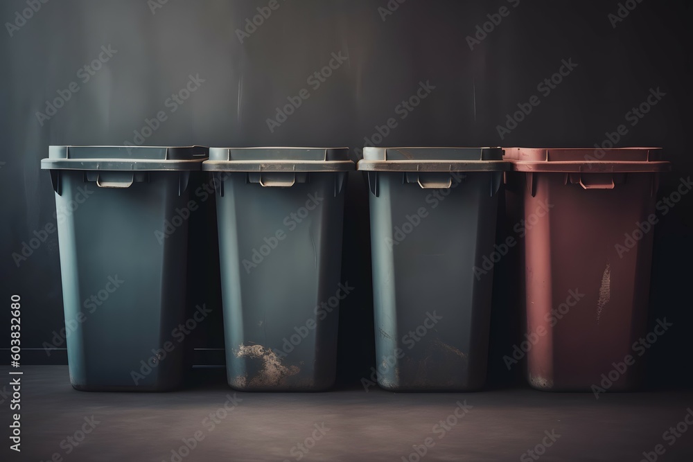 Row of three bins for waste sorting with empty copy space. , .highly ...