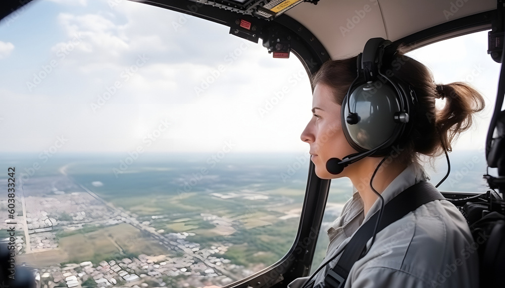 Woman pilot in the cockpit of a helicopter in flight with a view of the ...