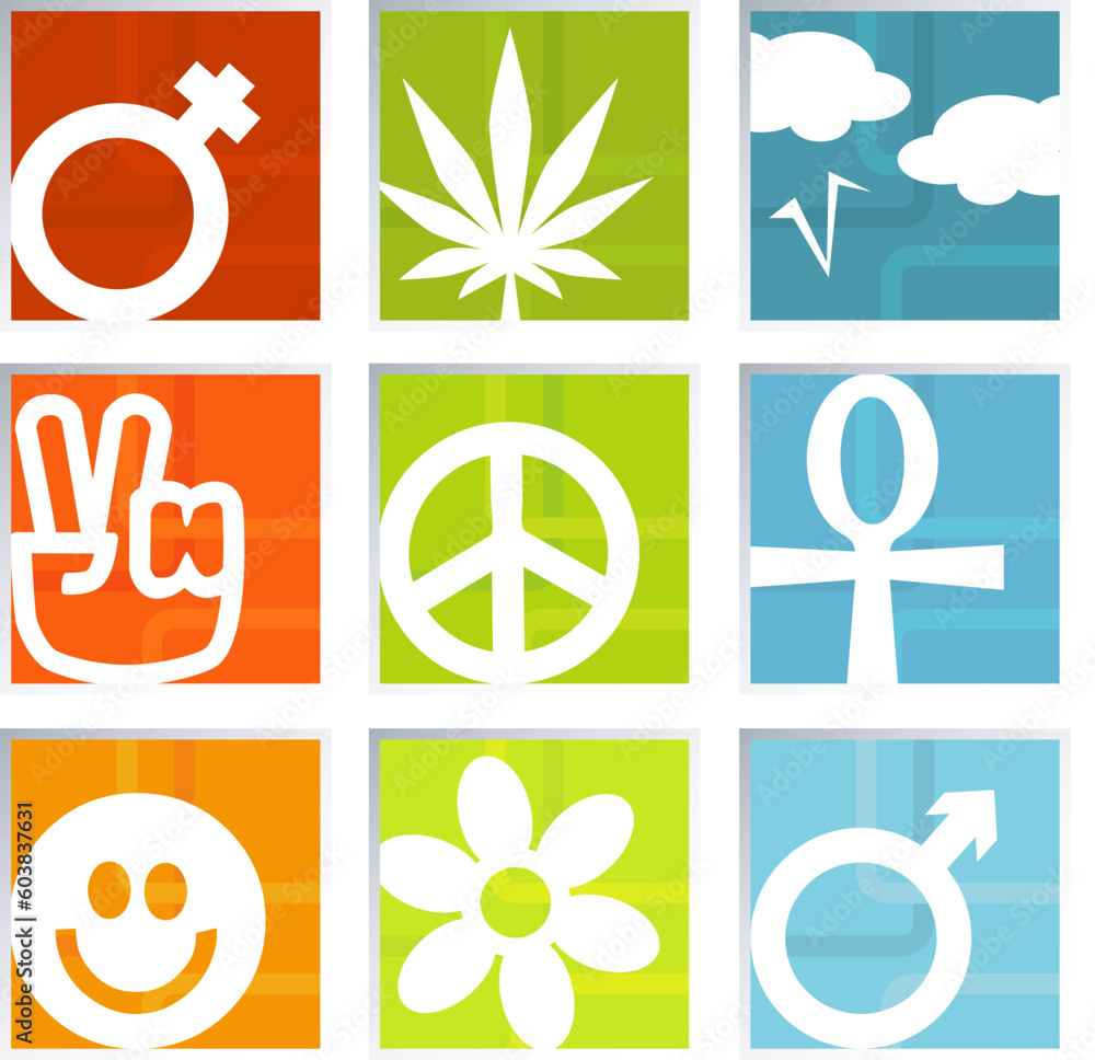 Retro-stylized colorful set of fun icons in beveled frame; symbols kept ...