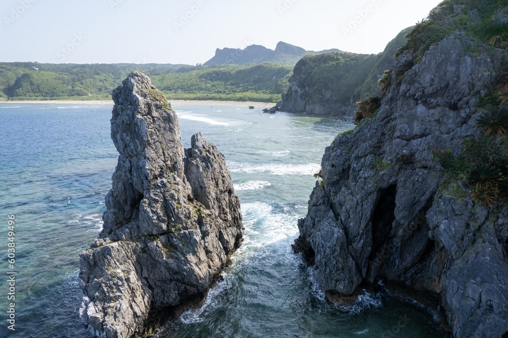 沖縄県国頭郡国頭村辺戸の辺戸岬、宇佐浜の海をドローンで空撮した風景 Aerial drone view of the sea at Cape ...
