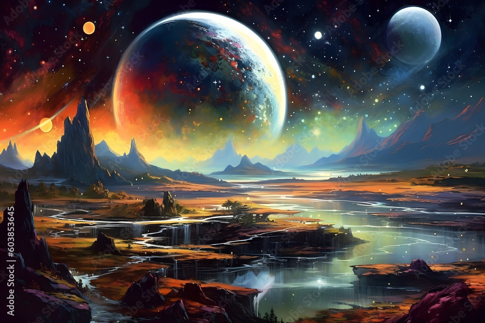 Space Landscape: An illustration depicting a beautiful and mysterious ...