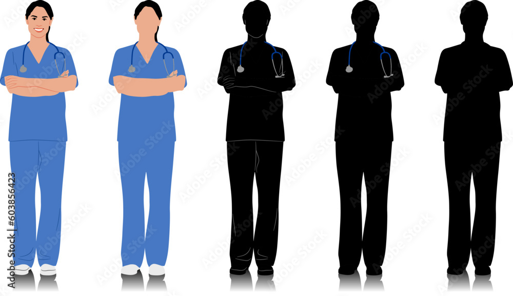 Hand-drawn female healthcare worker. Happy smiling female doctor with a ...