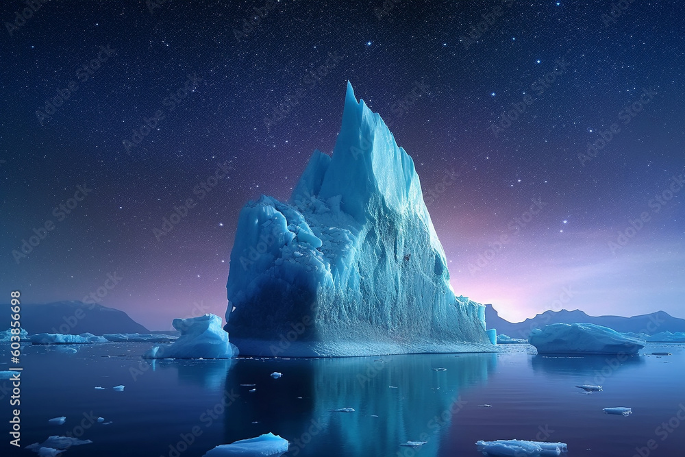 An iceberg at night at sea, stars, Milky Way, aurora borealis in the ...