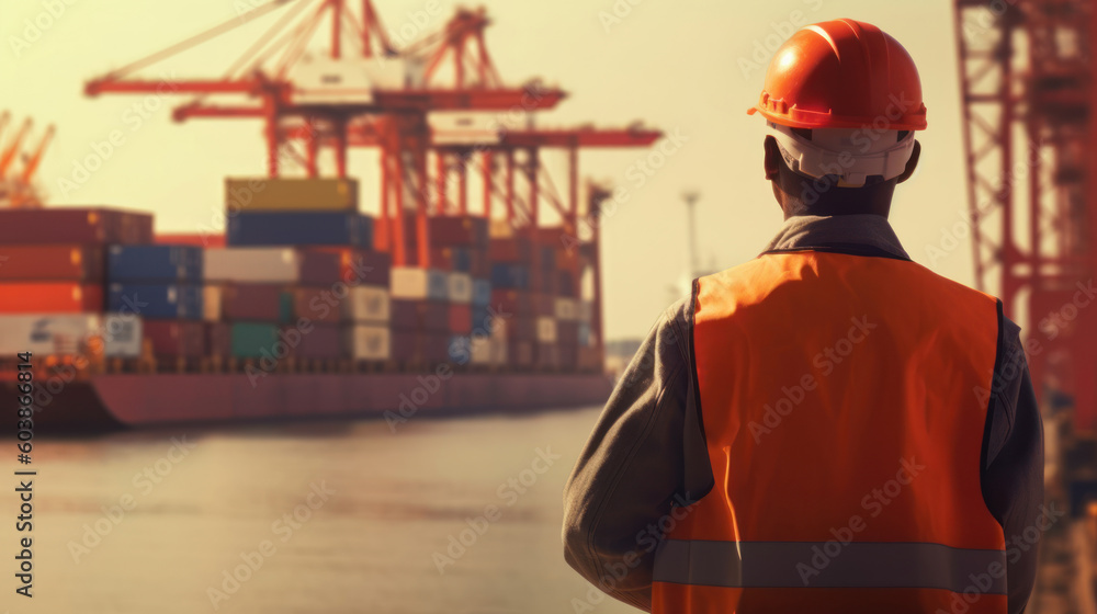 A port worker from behind with a safety vest and protective helmet ...