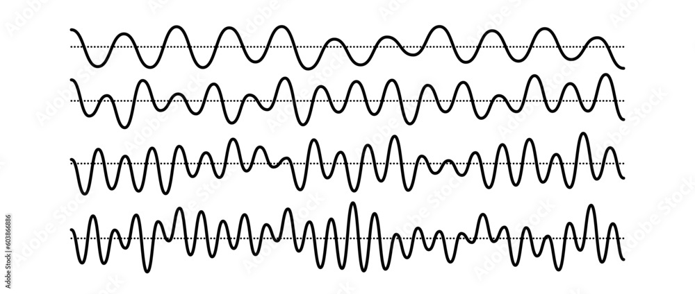 Sinusoid signals set. Black curve sound waves with different frequency ...