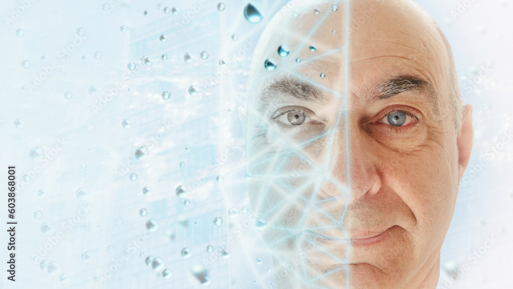 Face with grid de identification. Interactive connection to a computer ...