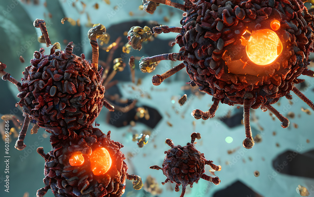 Microscopic view of cells attacked by virus and bacteria - science ...