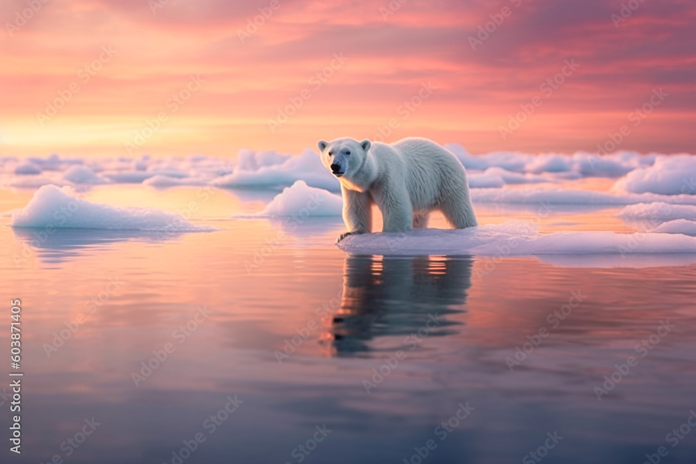 Polar bear in a melting iceberg, global warming effects, environment ...