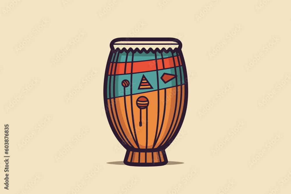 Doodle inspired Djembe drum, cartoon sticker, sketch, vector ...