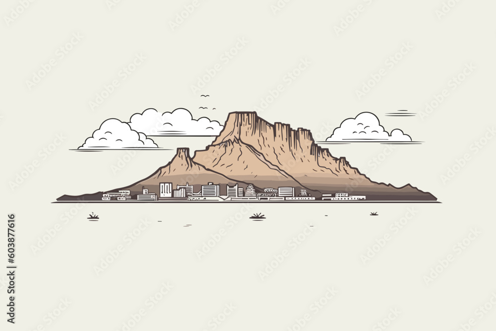 Doodle inspired Table Mountain, cartoon sticker, sketch, vector ...