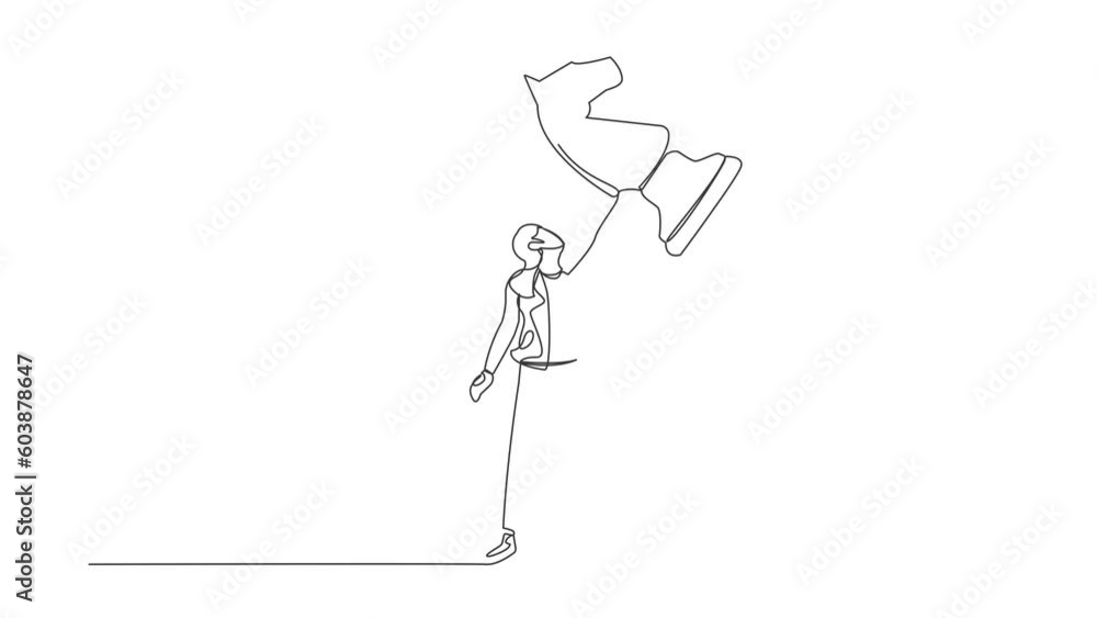 Self drawing animation of single line draw businesswoman holding horse ...