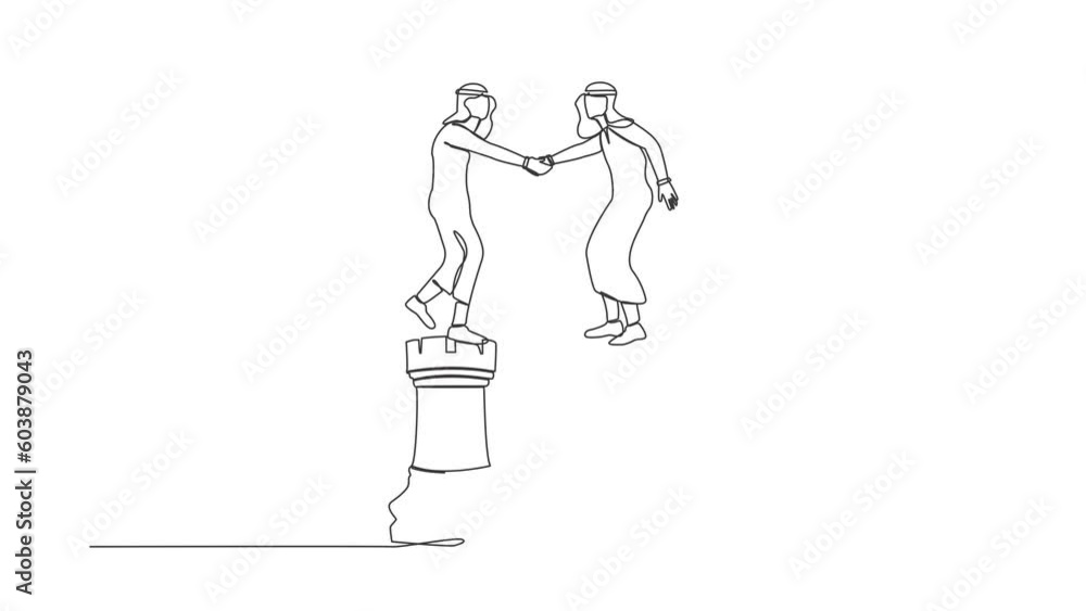 Self drawing animation of single line draw Arabian businessman shaking ...