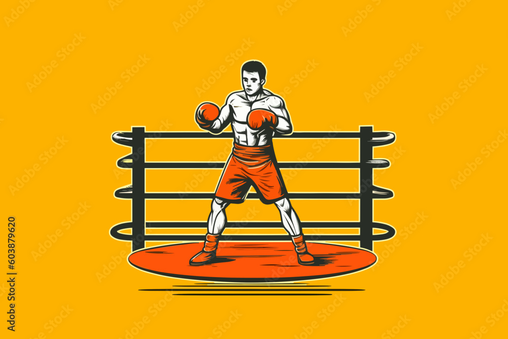 Doodle inspired Boxer fighter at boxing ring, cartoon sticker, sketch ...