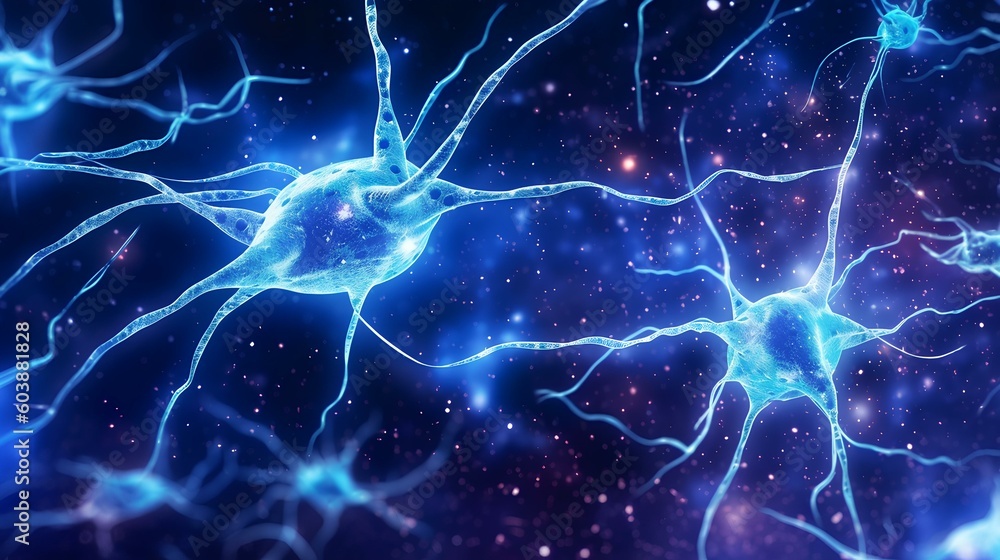 Nerve cell blue color banner, system neuron of brain with synapses ...