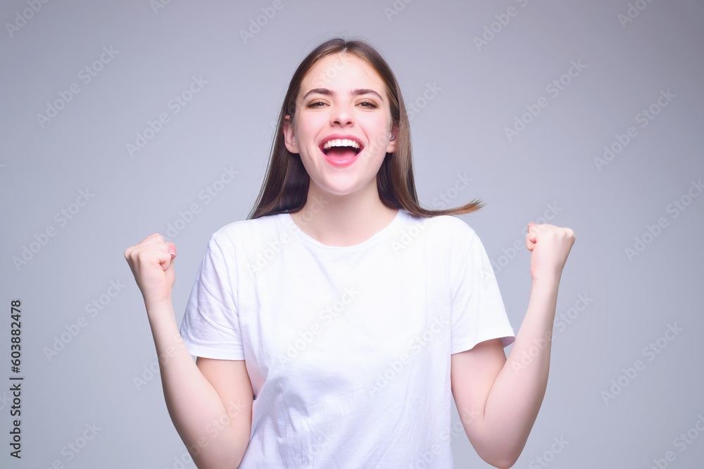 Portrait of excited woman. Wow, omg. Excited girl opening mouth widely ...