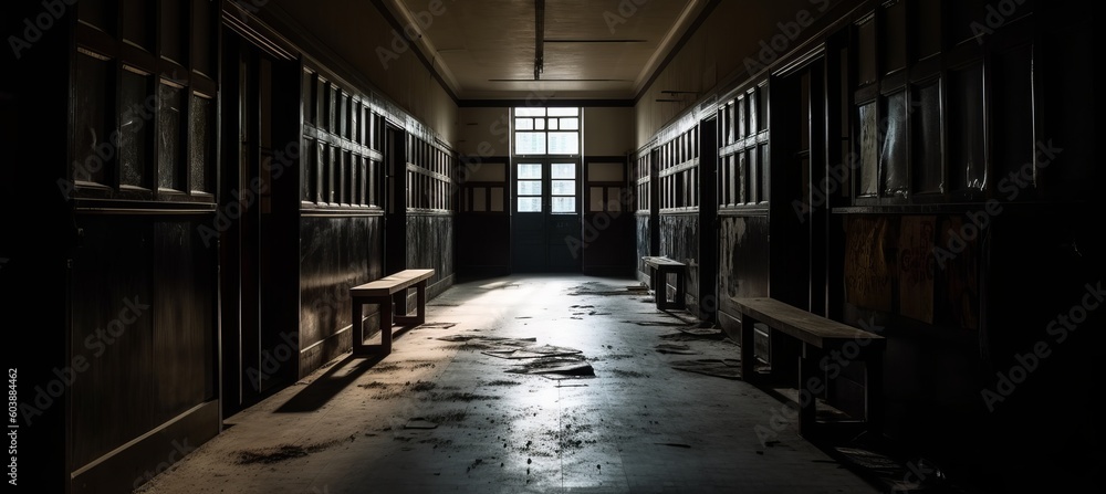 Abandoned creepy school corridor background with lockers. Generative AI ...