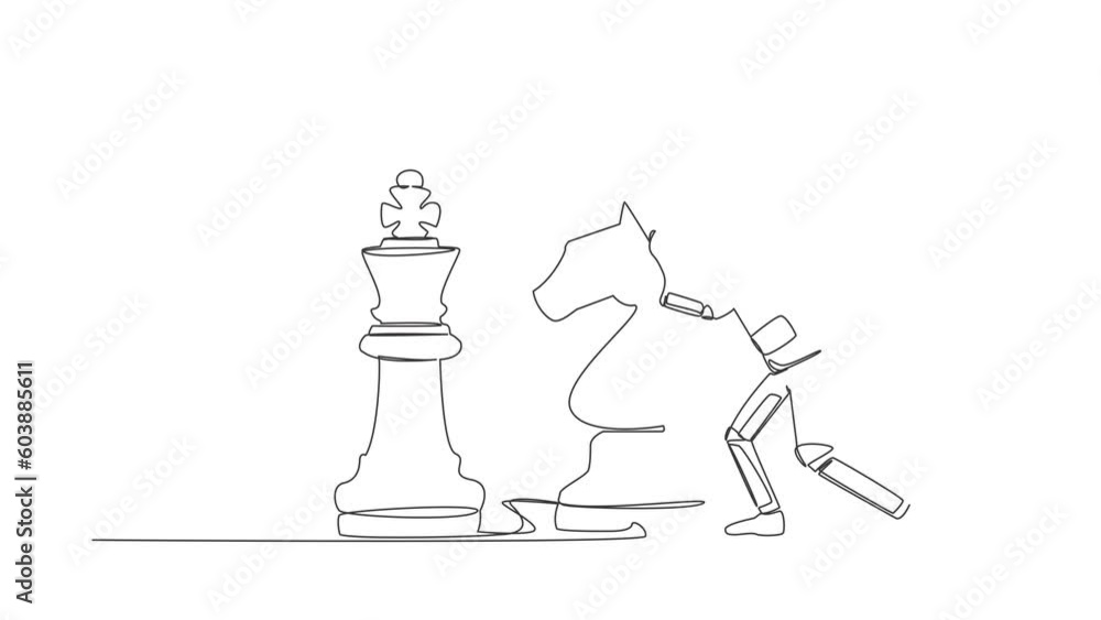 Animated self drawing of continuous line draw of young astronaut push huge knight horse chess ...