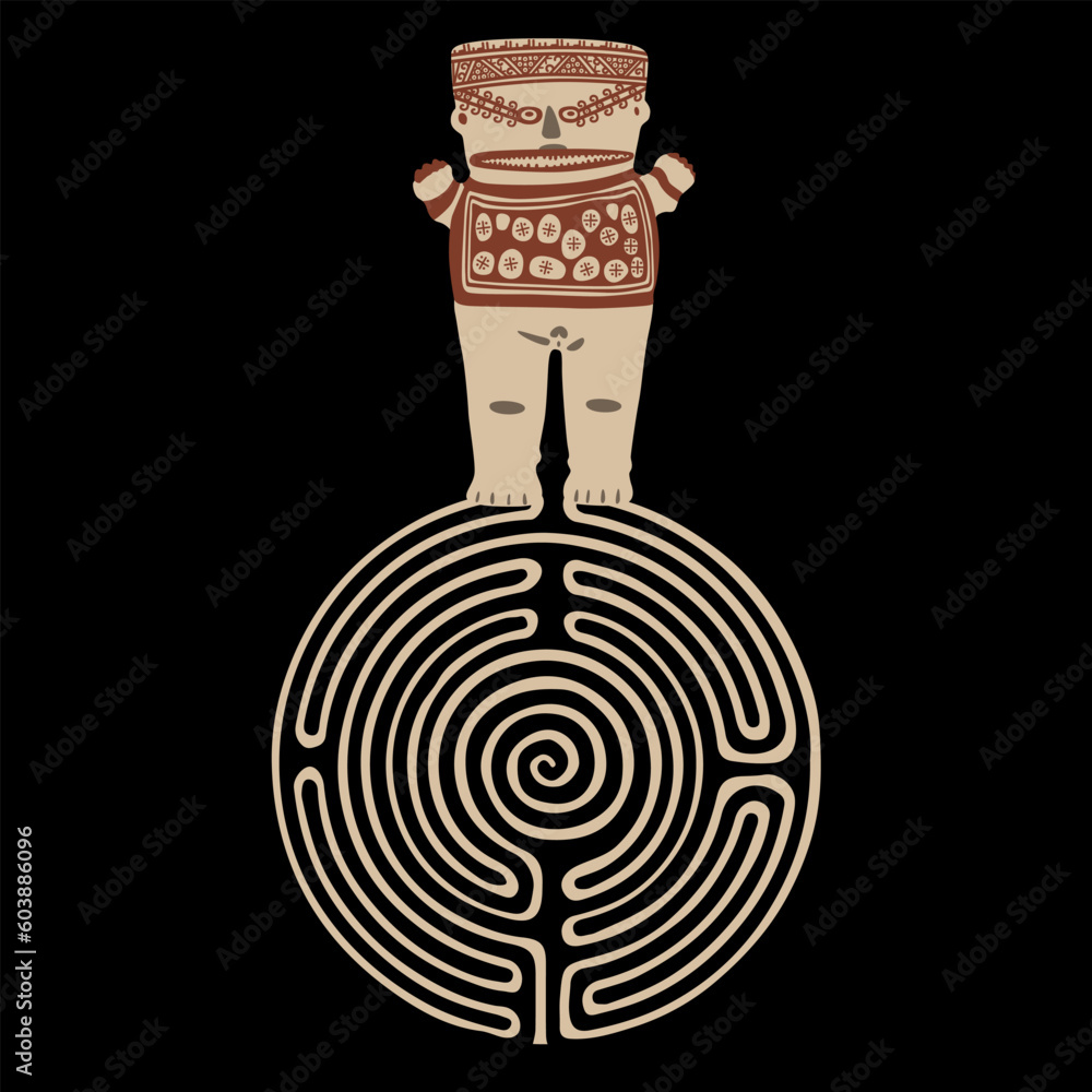 Ancient Peruvian Chancay idol standing on a round spiral maze or ...