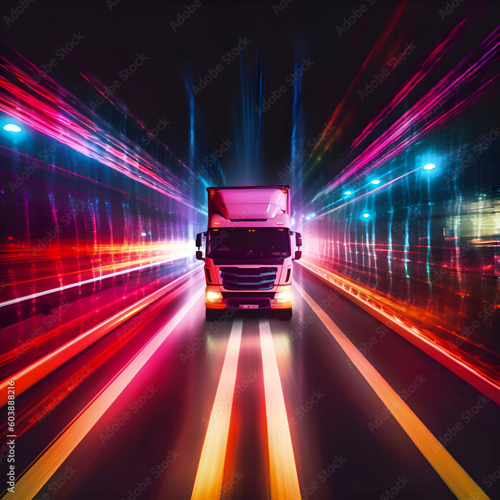 Heavy load truck on highway at night with trail light motion blurred ...